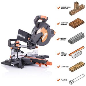 Evolution Power Tools R255SMS+ PLUS 10-Inch Sliding Miter Saw Plus Multi-Material Multi-Purpose Cutting Cuts Metal, Plastic, Wood & More 0˚ - 45˚ Bevel & 50˚ - 50˚ Miter Angles TCT Blade Included