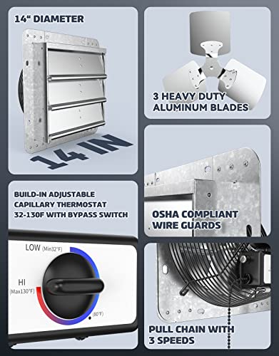 iLIVING 14" Wall Mounted Shutter Exhaust Thermostat Control-3 Speeds Vent Fan For Home Attic, Shed, or Garage Ventilation, 850 CFM, 1300 SQF Coverage Area, Variable, Silver