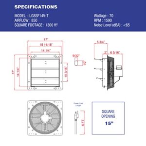 iLIVING 14" Wall Mounted Shutter Exhaust Thermostat Control-3 Speeds Vent Fan For Home Attic, Shed, or Garage Ventilation, 850 CFM, 1300 SQF Coverage Area, Variable, Silver