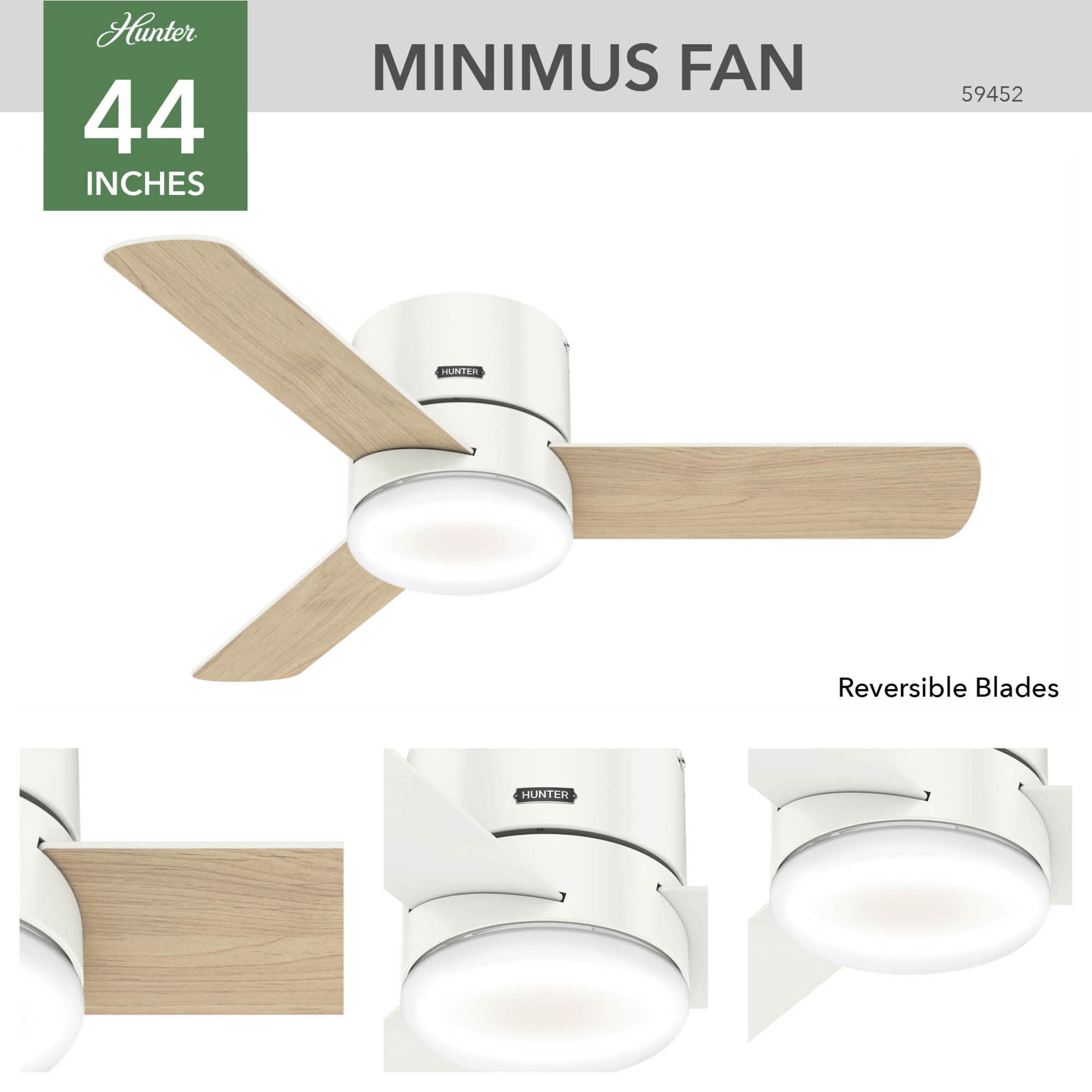 Hunter Fan Company 44" LED Kit 59452 Low Profile 44 Inch Ultra Quiet Minimus Ceiling Fan and Energy Efficient Light with Remote Control, Fresh White Finish