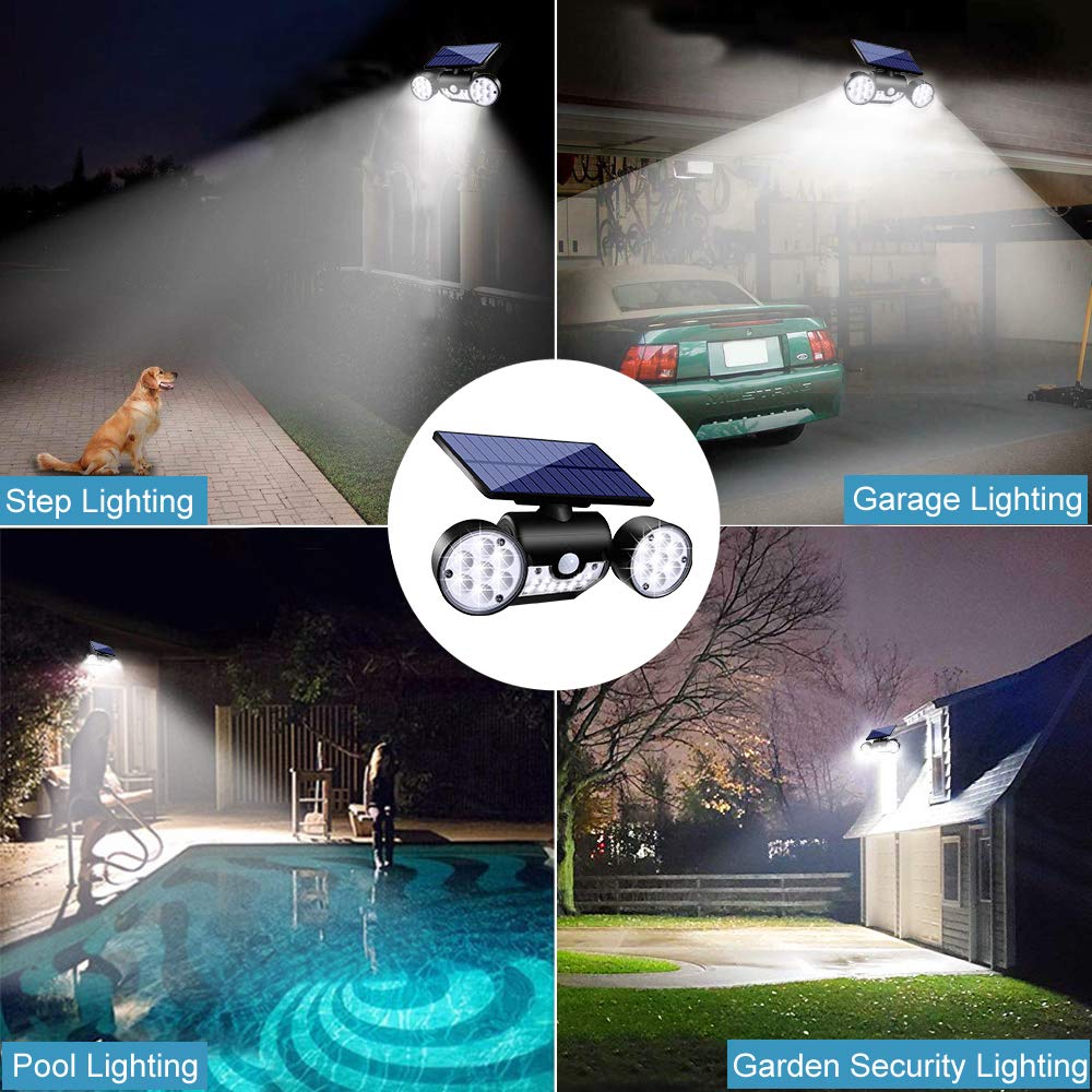 Ollivage Outdoor Solar Lights, 30 LED Solar Security Lights with Motion Sensor Dual Head Spotlights IP65 Waterproof 360° Adjustable LED Solar Motion Lights for Front Door Garage Patio Deck, 2 Pack