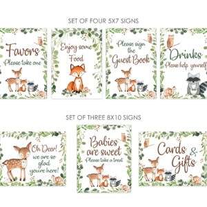 Set of 7 Woodland Baby shower signs, 5x7 and 8x10, woodland food, drinks, favors, welcome and guest book signs