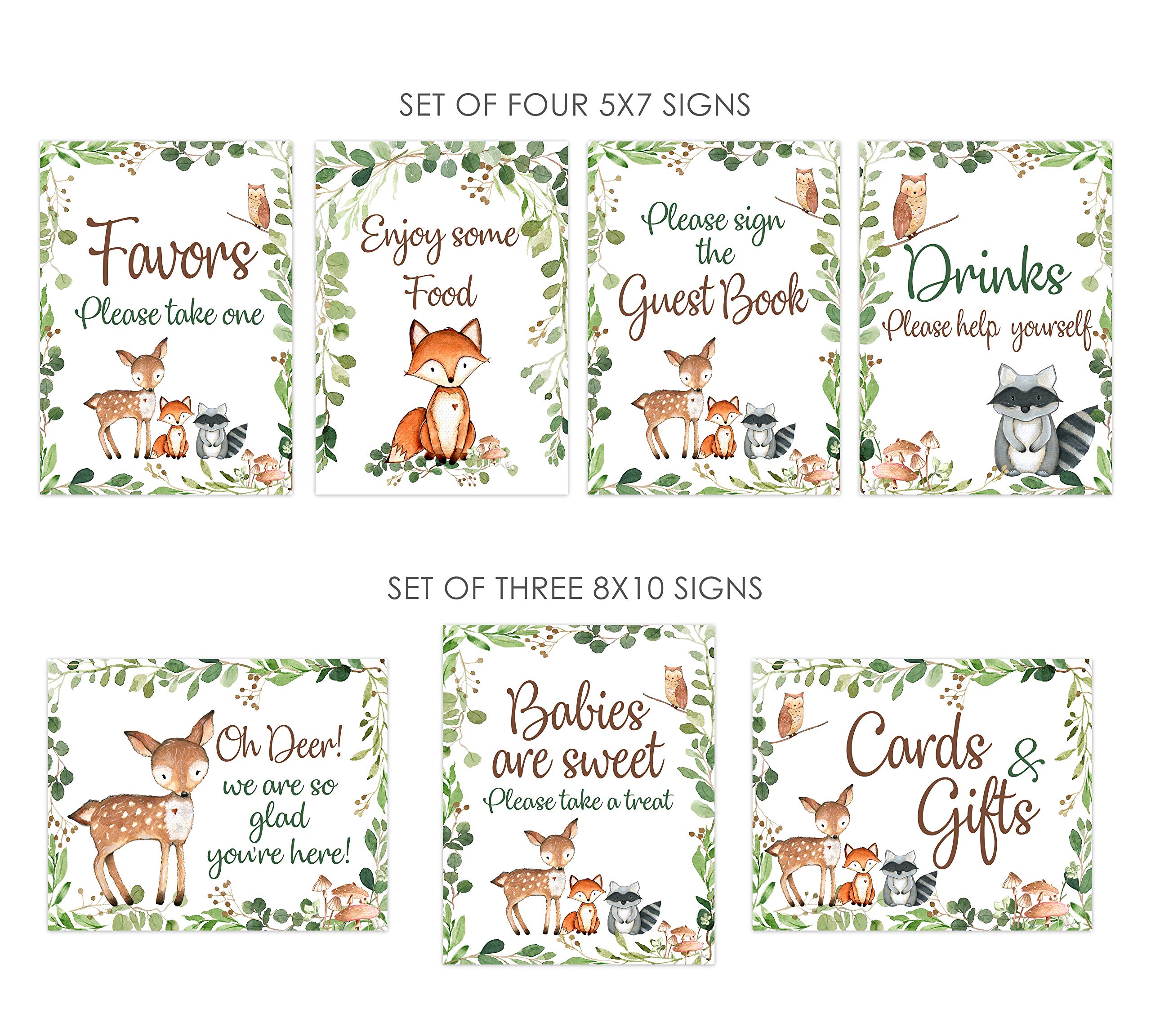 Set of 7 Woodland Baby shower signs, 5x7 and 8x10, woodland food, drinks, favors, welcome and guest book signs