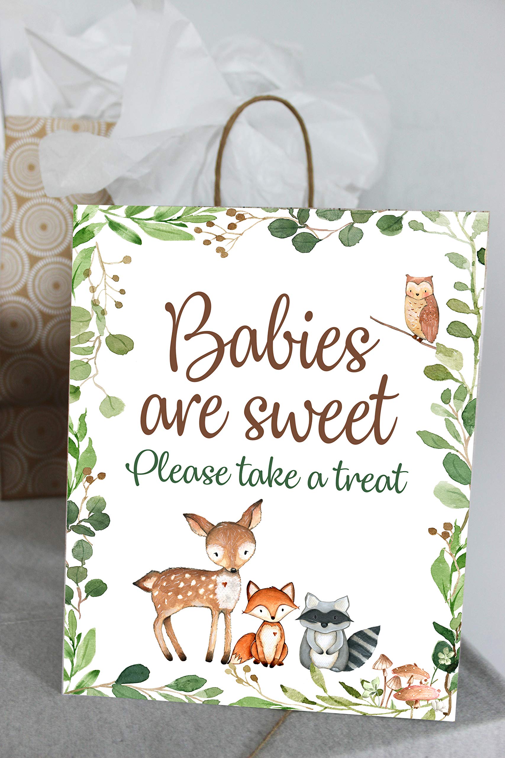 Set of 7 Woodland Baby shower signs, 5x7 and 8x10, woodland food, drinks, favors, welcome and guest book signs