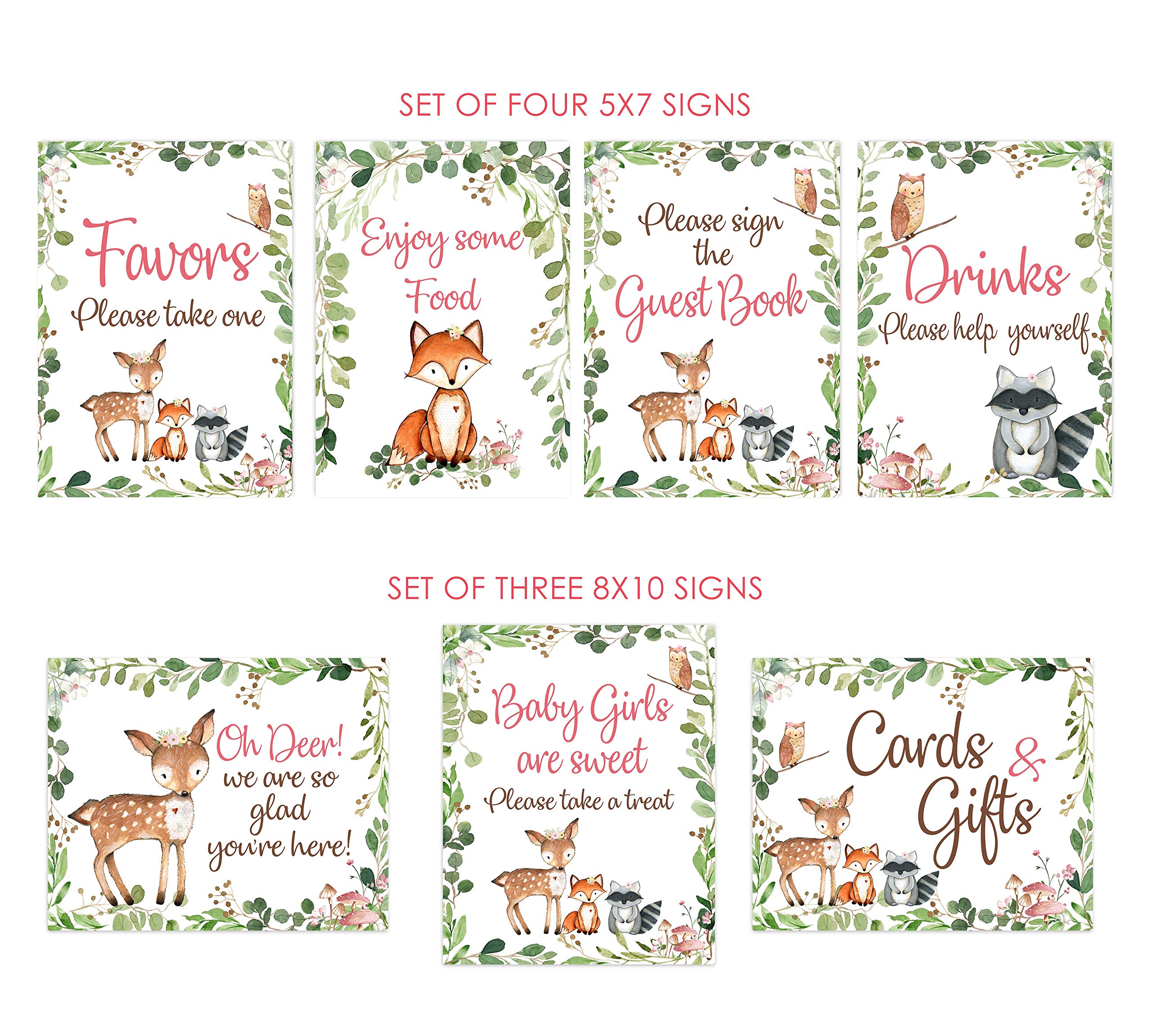 Set of 7 Woodland Baby shower signs, 5x7 and 8x10, woodland food, drinks, favors, welcome and guest book signs