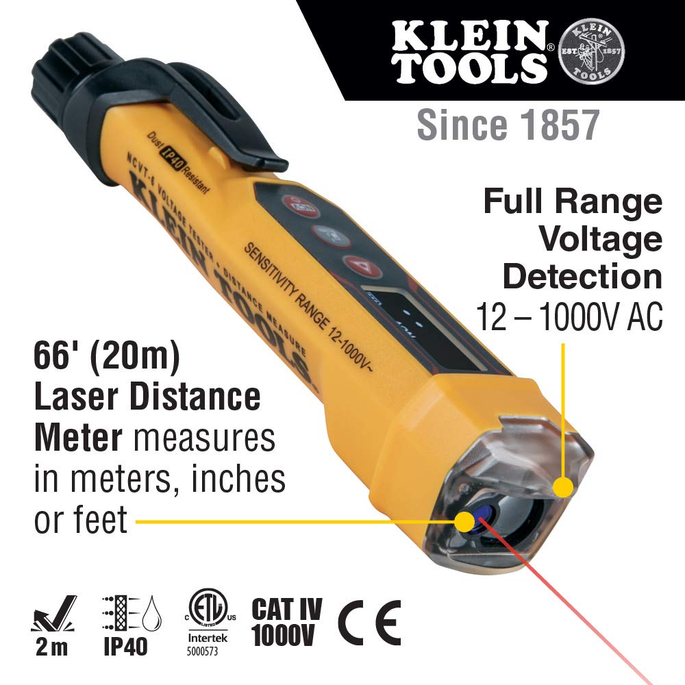 Klein Tools NCVT-6 Non-Contact Volt Tester, 12 - 1000V AC Pen with Integrated Laser Distance Measure, LED and Audible Alarms, Pocket Clip