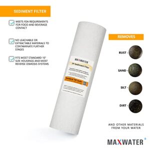 Max Water 10 inch x 2.5 inch, 5 Micron Replacement Sediment Water Filter Cartridge for Whole House, Melt Blown Filtration Fiber for Heavy Duty (Pack of 25)