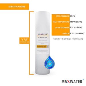 Max Water 10 inch x 2.5 inch, 5 Micron Replacement Sediment Water Filter Cartridge for Whole House, Melt Blown Filtration Fiber for Heavy Duty (Pack of 25)