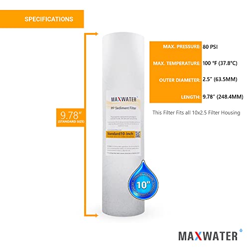 Max Water 10 inch x 2.5 inch, 5 Micron Replacement Sediment Water Filter Cartridge for Whole House, Melt Blown Filtration Fiber for Heavy Duty (Pack of 25)