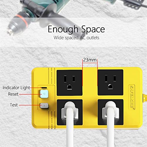 SAFEMORE 16.4FT Heavey Duty Extension Cord, GFCI Outlet Surge Protector with RCD Leakage Protector Power Strip, 15A/1650W 4 AC Outlets Circuit Breaker for Office/Garage/Home Essentials, (Yellow)