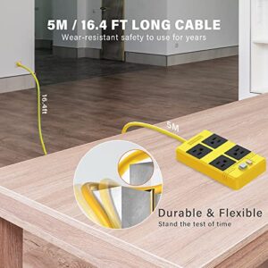 SAFEMORE 16.4FT Heavey Duty Extension Cord, GFCI Outlet Surge Protector with RCD Leakage Protector Power Strip, 15A/1650W 4 AC Outlets Circuit Breaker for Office/Garage/Home Essentials, (Yellow)