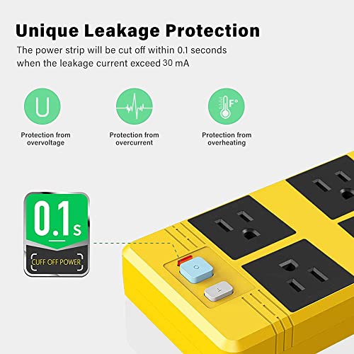 SAFEMORE 16.4FT Heavey Duty Extension Cord, GFCI Outlet Surge Protector with RCD Leakage Protector Power Strip, 15A/1650W 4 AC Outlets Circuit Breaker for Office/Garage/Home Essentials, (Yellow)