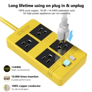 SAFEMORE 16.4FT Heavey Duty Extension Cord, GFCI Outlet Surge Protector with RCD Leakage Protector Power Strip, 15A/1650W 4 AC Outlets Circuit Breaker for Office/Garage/Home Essentials, (Yellow)