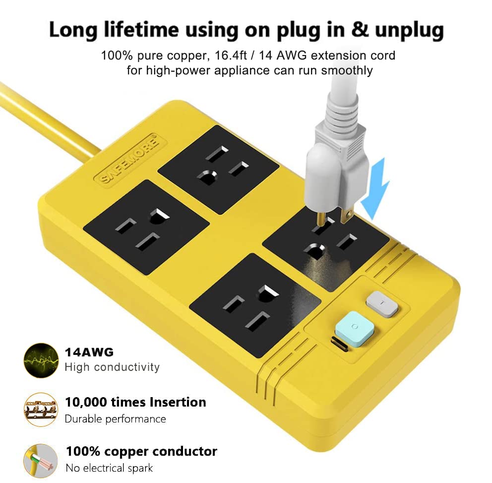 SAFEMORE 16.4FT Heavey Duty Extension Cord, GFCI Outlet Surge Protector with RCD Leakage Protector Power Strip, 15A/1650W 4 AC Outlets Circuit Breaker for Office/Garage/Home Essentials, (Yellow)