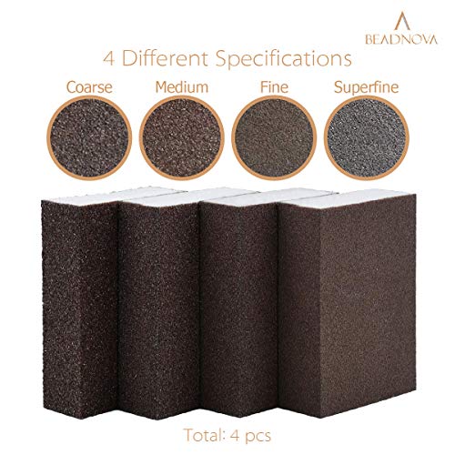 BEADNOVA Sanding Sponge Sand Block Coarse/Medium/Fine/Superfine Assorted Dry Wet Sanding Blocks for Wood Wall Home (Pack of 4, 4 Grit)