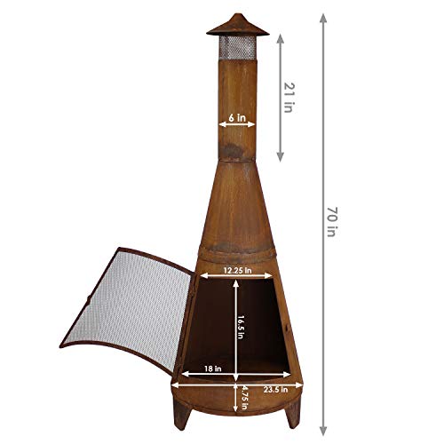 Sunnydaze 70-Inch Rustic Heavy-Duty Steel Chiminea with Rain Cap and Mesh Spark Screen - Rust Patina Finish