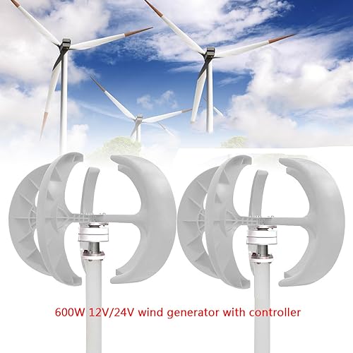 RANZHIX Modern Economy Turbine Wind Generator 5 Blades Vertical Wind Power Turbine Generator White Lantern Style with Charge Controller 600W 24V