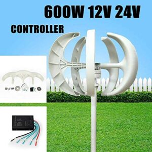 RANZHIX Modern Economy Turbine Wind Generator 5 Blades Vertical Wind Power Turbine Generator White Lantern Style with Charge Controller 600W 24V