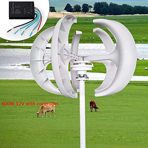 RANZHIX Modern Economy Turbine Wind Generator 5 Blades Vertical Wind Power Turbine Generator White Lantern Style with Charge Controller 600W 24V