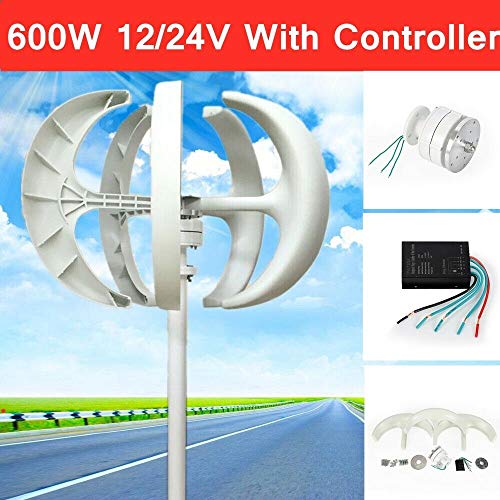 RANZHIX Modern Economy Turbine Wind Generator 5 Blades Vertical Wind Power Turbine Generator White Lantern Style with Charge Controller 600W 24V