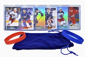 columbus blue jackets cards: cam atkinson, pierre-luc dubois, oliver bjorkstrand, gustav nyquist, joonas korpisalo assorted hockey trading card and wristbands bundle