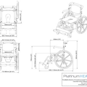 Bariatric Shower/Commode/Transport Chair, Heavy Duty 600lb Capacity, Padded, Retractable Arm and Foot Rests. Self-Propel Wheels. MaxiBathe Professional Shower Chair