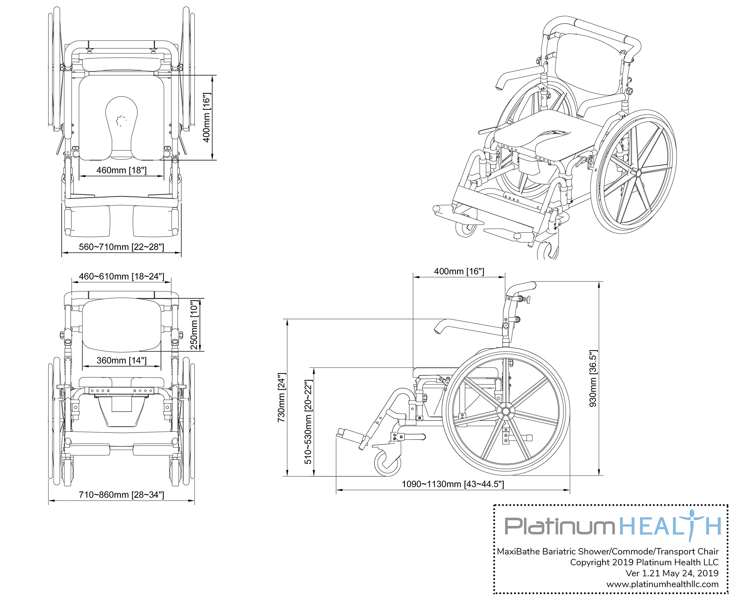 Bariatric Shower/Commode/Transport Chair, Heavy Duty 600lb Capacity, Padded, Retractable Arm and Foot Rests. Self-Propel Wheels. MaxiBathe Professional Shower Chair