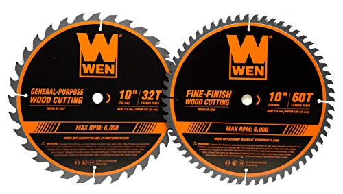 WEN BL1032-2 10-Inch 32-Tooth and 60-Tooth Carbide-Tipped Professional Woodworking Saw Blade Set, Two Pack