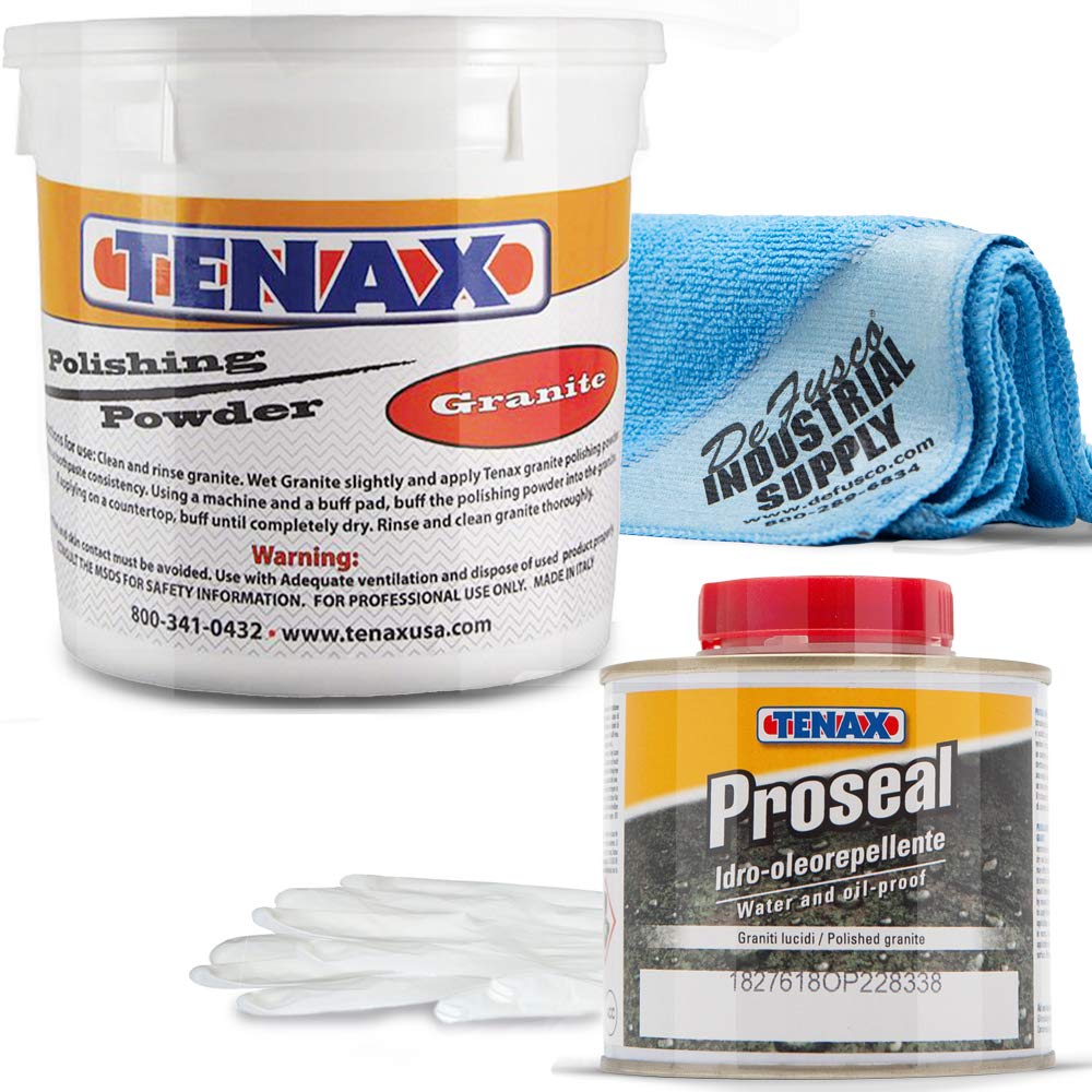 Tenax Granite Polishing Powder 1 kg Tub - Tenax Proseal 250 mL -16x16 Microfiber Cloth - Gloves - BUNDLE - 4 Items