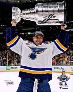 jordan binnington st. louis blues 2019 stanley cup champions autographed 8" x 10" raising cup photograph - autographed nhl photos