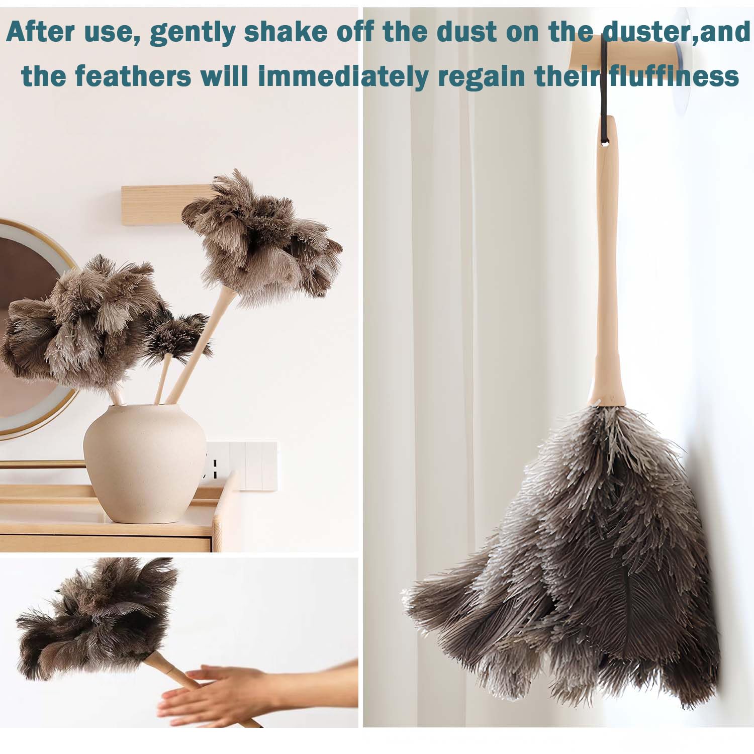 Genuine Ostrich Feather Duster Fluffy Natural with Wooden Handle and Eco-Friendly Reusable Handheld Cleaning Supplies, Gray and Brown(Length 16")