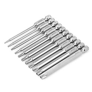 screwdriver bit set torx, 11 pcs 1/4 inch hex shank t6-t40 magnetic s2 steel torx security head screwdriver drill set bits with case (3 inch length)