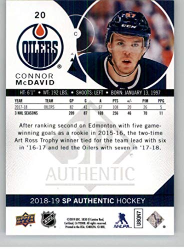 2018-19 SP Authentic Hockey #20 Connor McDavid Edmonton Oilers Official NHL Trading Card From Upper Deck (UD)