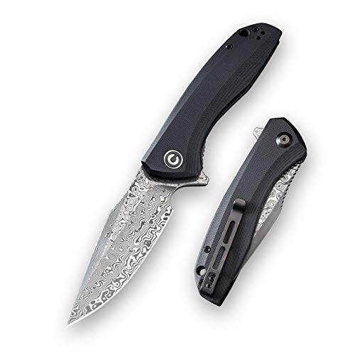 CIVIVI Knives Flipper Folding Knife Baklash with 3.5" Damascus Drop Point Blade and Black G10 Handles for EDC, Outdoor and DIY Activities C801DS