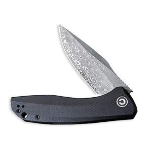 CIVIVI Knives Flipper Folding Knife Baklash with 3.5" Damascus Drop Point Blade and Black G10 Handles for EDC, Outdoor and DIY Activities C801DS