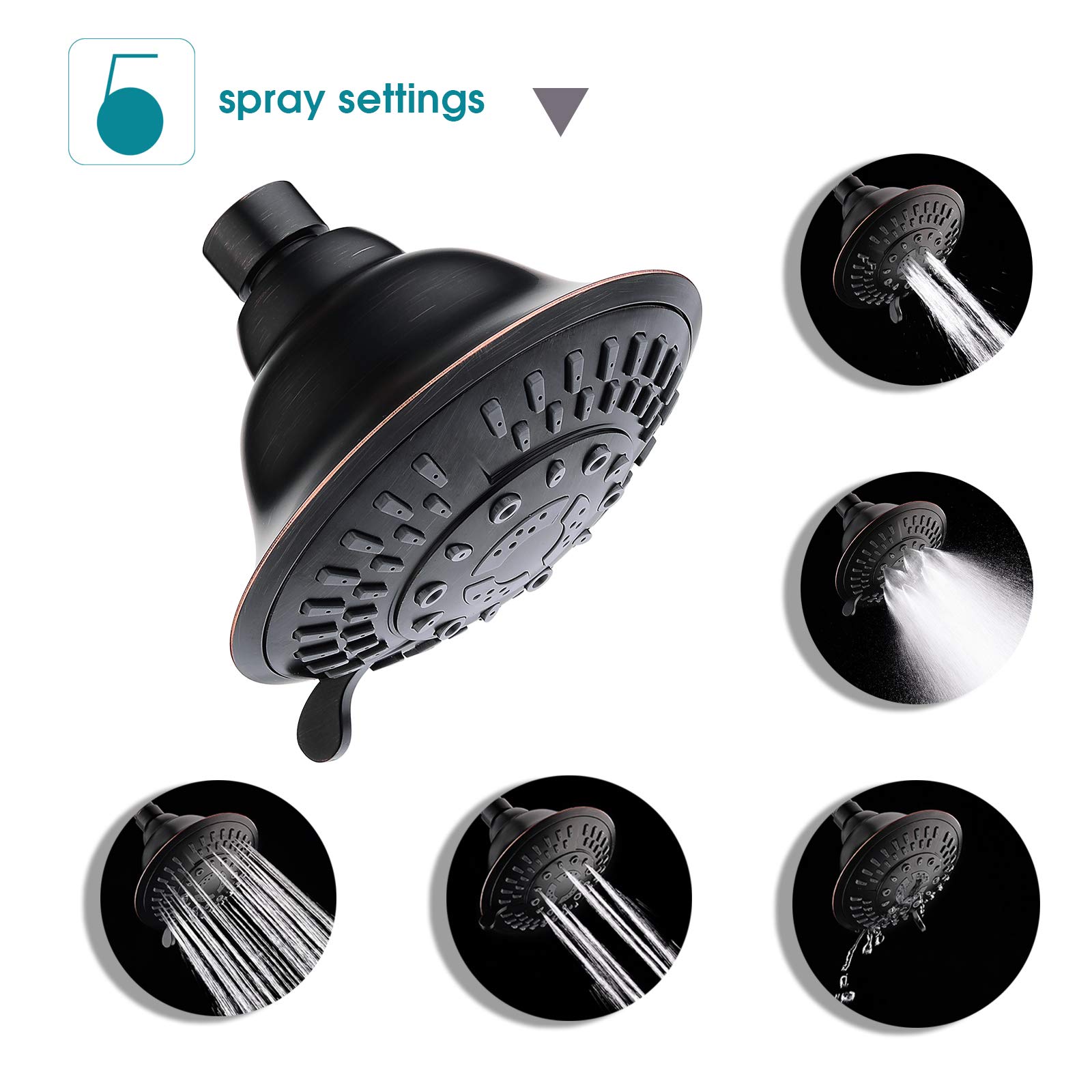 BRIGHT SHOWERS Shower Head High Pressure Rain Showerhead 5 Spray Setting Fixed Shower head Angle Adjustable Bathroom Showerhead, Oil Rubbed Bronze