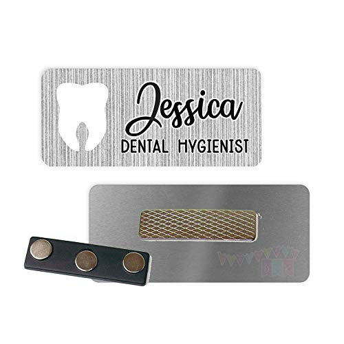 Tooth- Dental - Grey Stripe - PERSONALIZED - Custom Name Tag - 1.25" x 3" Magnetic OR Pin Back - 097NT