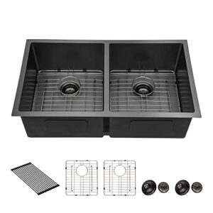 33 black kitchen sink double bowl - sarlai 33 inch undermount sink stainless steel 16 gauge gunmetal black double bowl 50/50 divide under counter kitchen sink basin