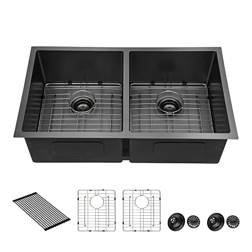 33 Black Kitchen Sink Double Bowl - Sarlai 33 inch Undermount Sink Stainless Steel 16 Gauge Gunmetal Black Double Bowl 50/50 Divide Under Counter Kitchen Sink Basin