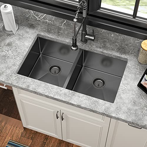 33 Black Kitchen Sink Double Bowl - Sarlai 33 inch Undermount Sink Stainless Steel 16 Gauge Gunmetal Black Double Bowl 50/50 Divide Under Counter Kitchen Sink Basin