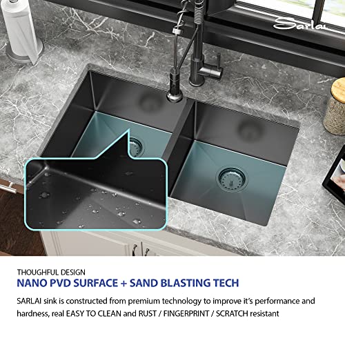 33 Black Kitchen Sink Double Bowl - Sarlai 33 inch Undermount Sink Stainless Steel 16 Gauge Gunmetal Black Double Bowl 50/50 Divide Under Counter Kitchen Sink Basin