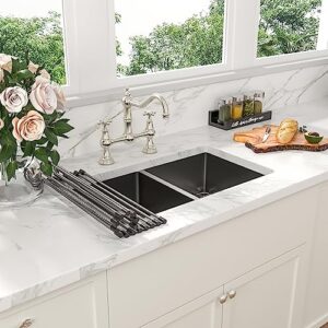 33 Black Kitchen Sink Double Bowl - Sarlai 33 inch Undermount Sink Stainless Steel 16 Gauge Gunmetal Black Double Bowl 50/50 Divide Under Counter Kitchen Sink Basin