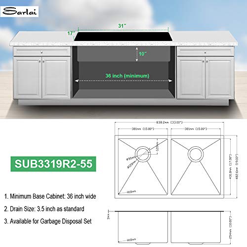 33 Black Kitchen Sink Double Bowl - Sarlai 33 inch Undermount Sink Stainless Steel 16 Gauge Gunmetal Black Double Bowl 50/50 Divide Under Counter Kitchen Sink Basin