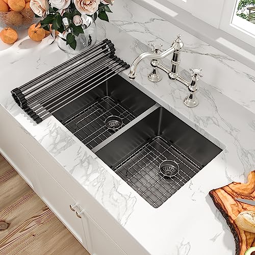 33 Black Kitchen Sink Double Bowl - Sarlai 33 inch Undermount Sink Stainless Steel 16 Gauge Gunmetal Black Double Bowl 50/50 Divide Under Counter Kitchen Sink Basin