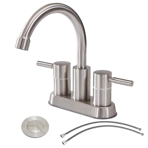 IKEBANA Bathroom Faucet Brushed Nickel,2 Handle Stainless Steel Bathroom Sink Faucet,Modern Bathroom Faucet Vanity Lavatory Faucets with Pop-Up Drain and Hot & Cold Water Hose