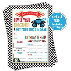 Monster Truck Birthday Party Invitations - Set of 20 with envelopes