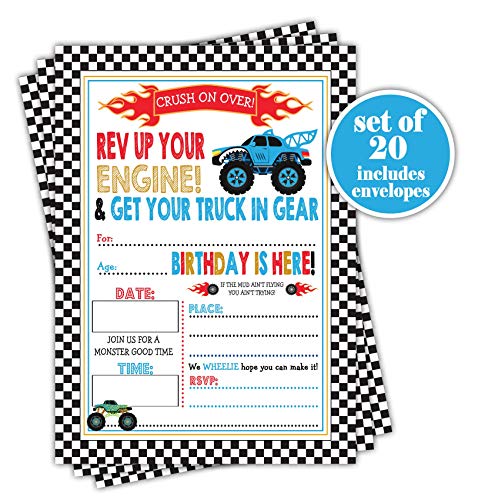 Monster Truck Birthday Party Invitations - Set of 20 with envelopes