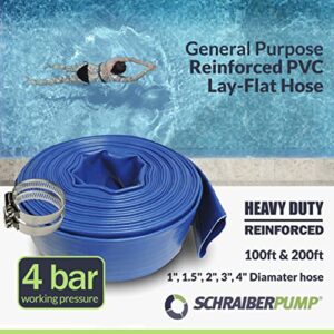 Schraiberpump 2-Inch by 100-Feet- General Purpose Reinforced PVC Lay-Flat Discharge and Backwash Hose - Heavy Duty (4 Bar) 2 CLAMPS INCLUDED (2 INCH)