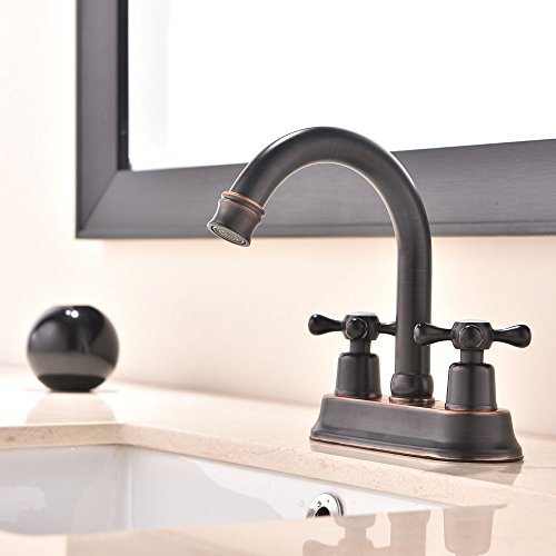 UFaucet 2 Handle Oil Rubbed Bronze Bathroom Faucet, Farmhouse 4 Inch Centerset Vanity Faucet, Stainless Steel Bathroom Sink Faucet Deck Mount RV Lavatory Mixer Tap Without Accessories