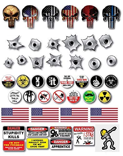 46 Pieces XXL Set Hard Hat Stickers Funny, Skulls, Bullet Holes, American Flag, Welder Decals, USA Hardhat Stickers